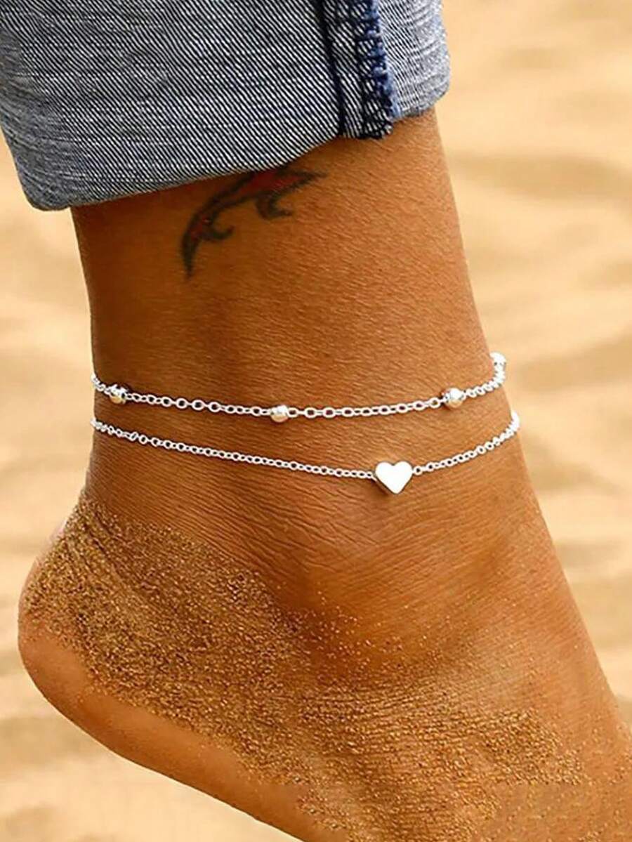 2pcs Women's Foot Chains, Bohemian Multi-Layer Heart Shaped Anklet ...