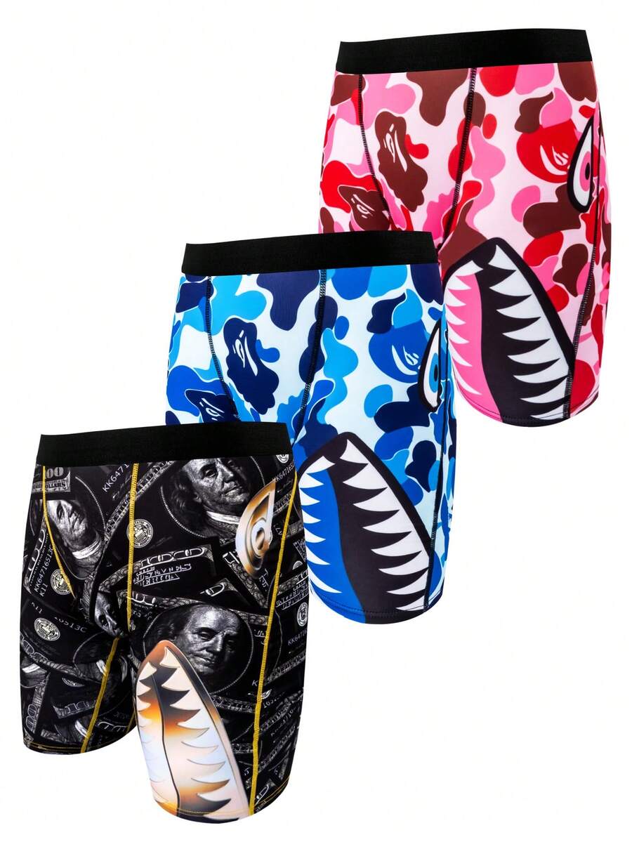 3pcs Men's Long Digital Shark Print Boxer Briefs | SHEIN USA