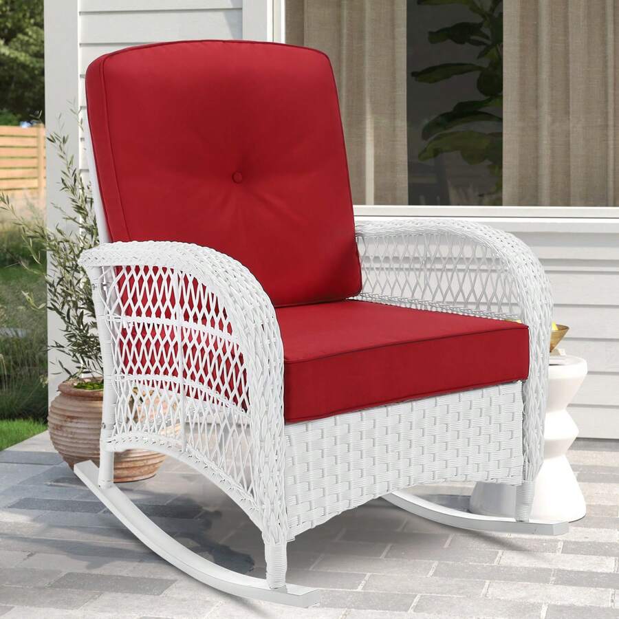 VIVIJASON Outdoor White Wicker Rocking Chair, Patio Rattan Rocker Chair ...