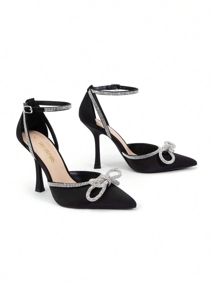 Women's Rhinestone Bow Knot Ankle Strap Pumps Pointed Toe Stilettos ...