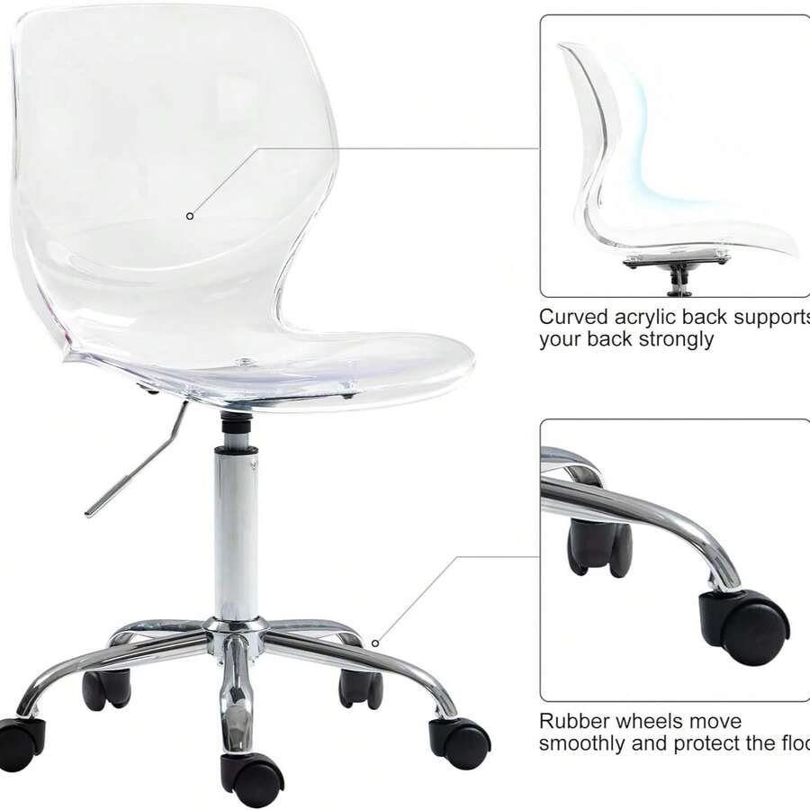 Acrylic Desk Chair, Clear Rolling Chair Armless Vanity Swivel Chair ...
