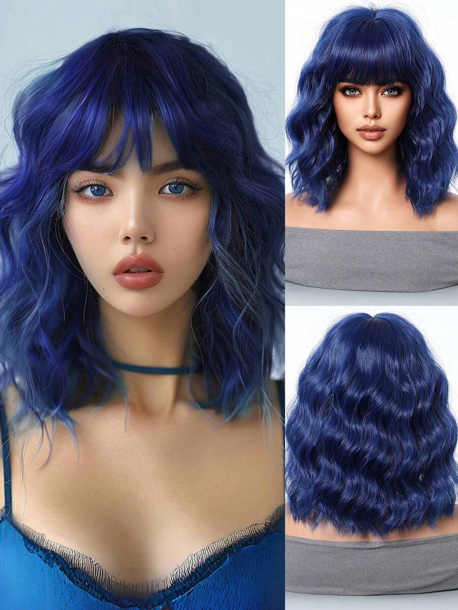 Synthetic Heat Resistant Wigs Short Wavy Bob Wig. Blue 14-Inch Winter ...