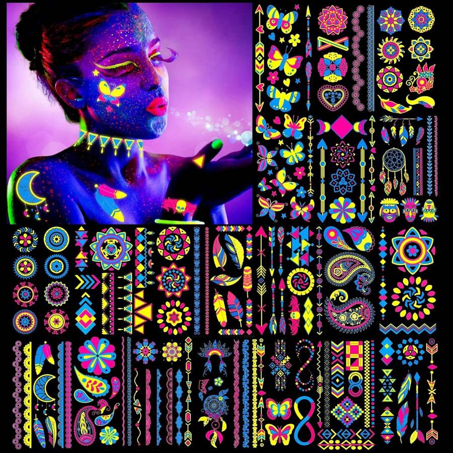 20 Sheets Radiant Neon Glow Temporary Tattoo Stickers - Vibrant UV ...