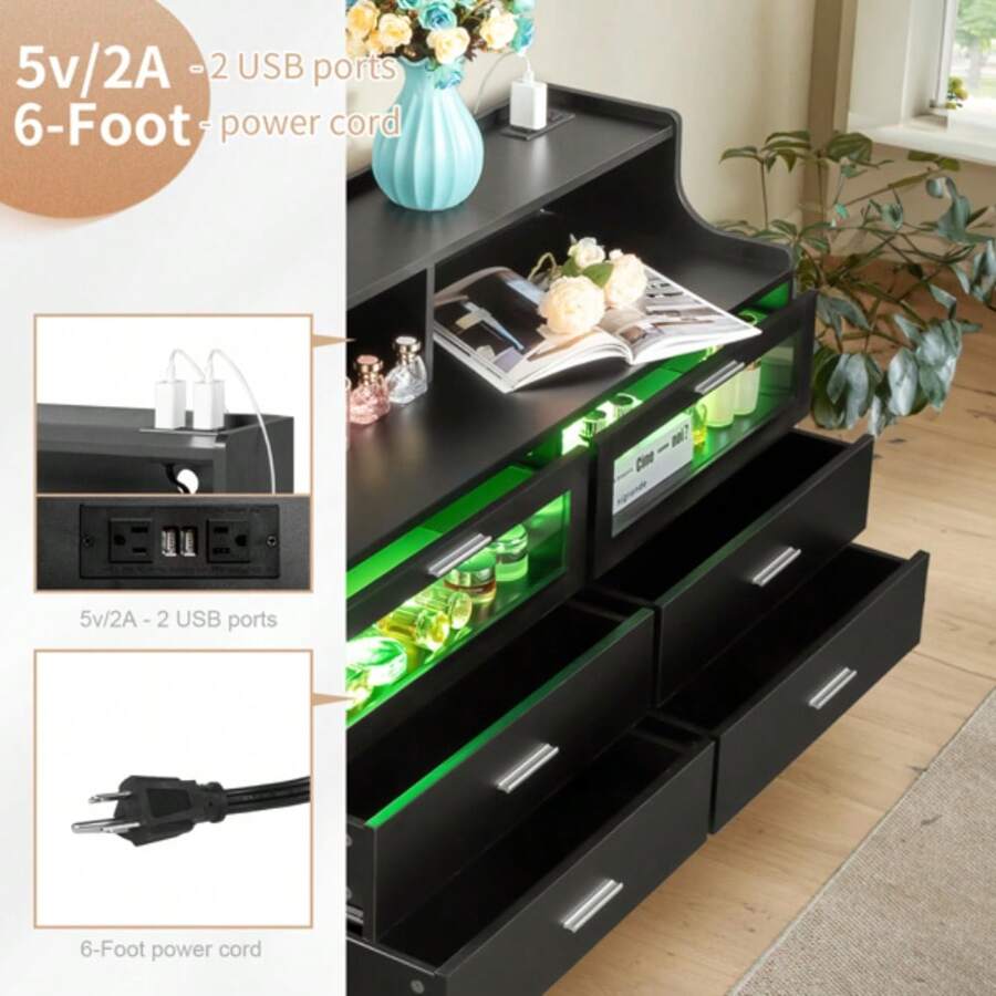 Black Wood Tempered Glass Drawer Dresser With LED Light Strips ...