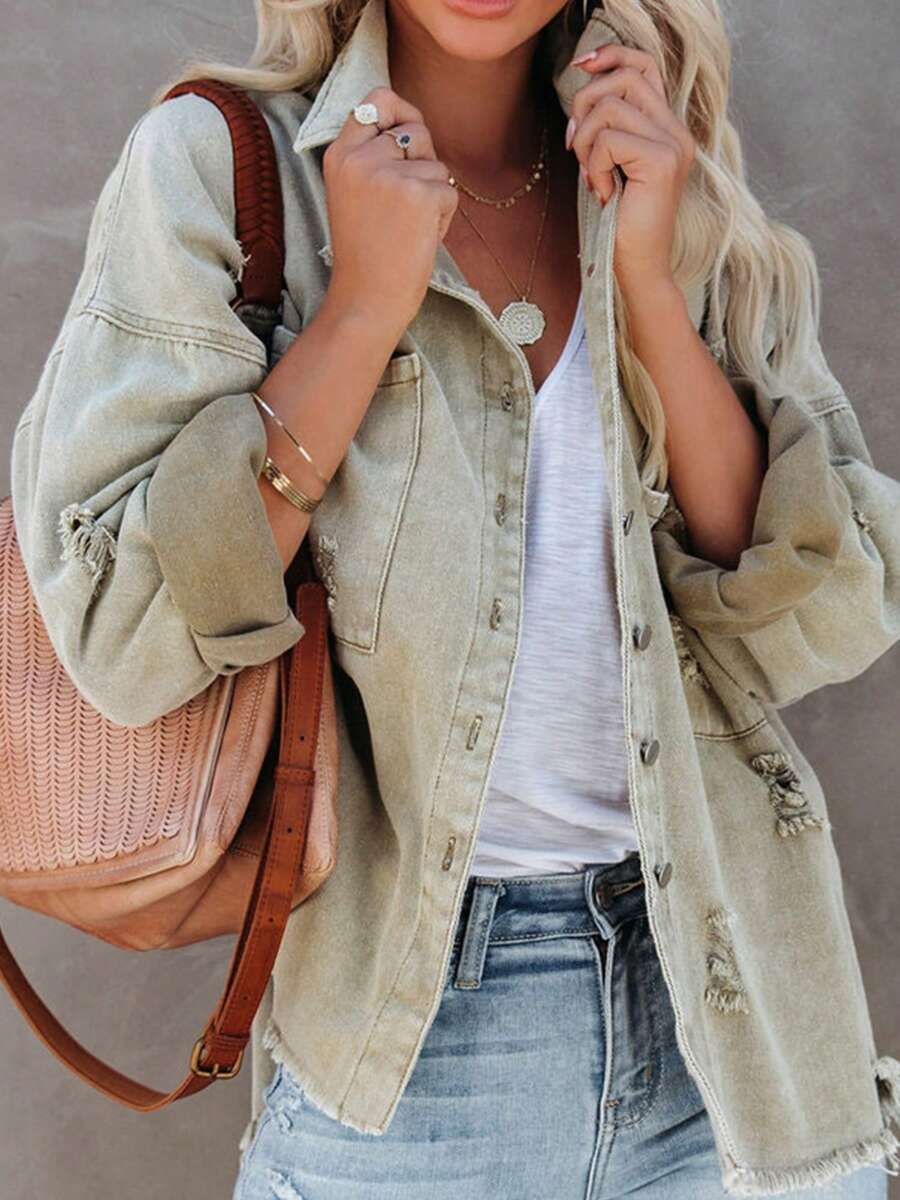 Chaqueta de mezclilla desgastada | Moda de Mujer | SHEIN México