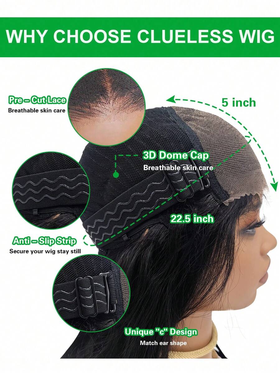 Perruque à lacet 5X5 en cheveux humains, à porter sans colle, pré-peignée et pré-coupée, densité ...