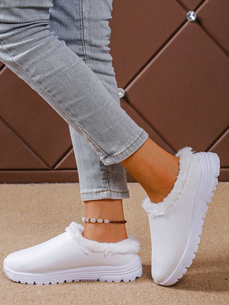 Women's White Closed Toe Mules, Winter New Plush Warm Fuzzy Faux Fur ...