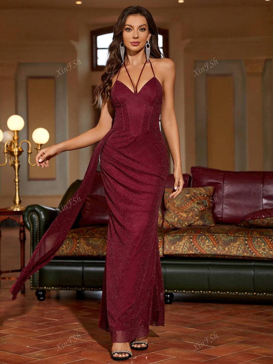 Halter Tie Side Ribbon Trim Mermaid Hem Boning Corset Ruched Mesh ...