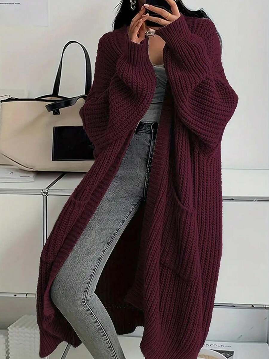 Solid Color Knitted Cardigan, Casual Long Sleeve Drop Shoulder Maxi ...