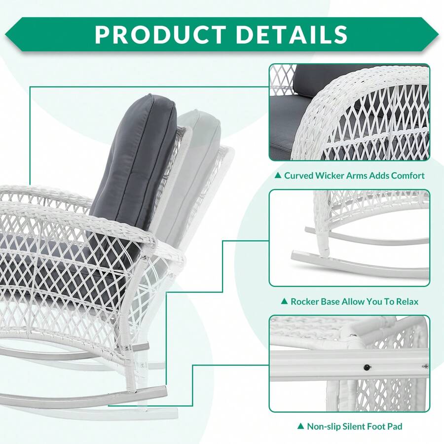 VIVIJASON Outdoor White Wicker Rocking Chair, Patio Rattan Rocker Chair ...