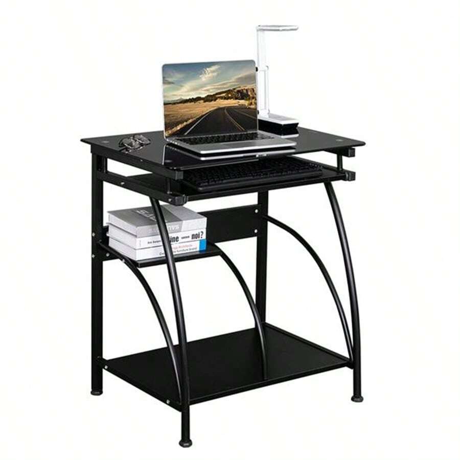 Black Simple Small Computer Desk, Tempered Glass Desktop Computer Desk ...