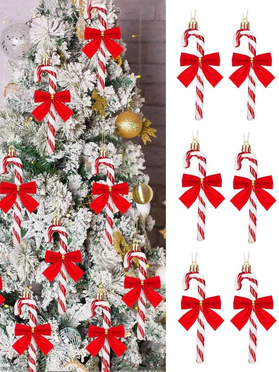 18pcs/Set Christmas Tree Ornament Set - Candy Canes & Red Bows, Perfect ...