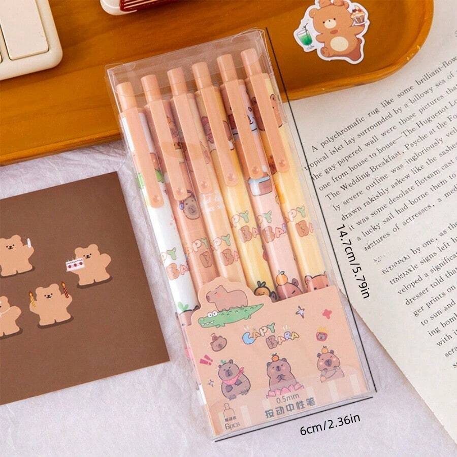 1 Box Of 6 Black Ink Ballpoint Pens, Cute Hamster Design Student ...