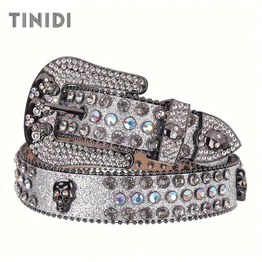 Western Bling Bling Rhinestone Skull Buckle Leather Belts For Men Women ...