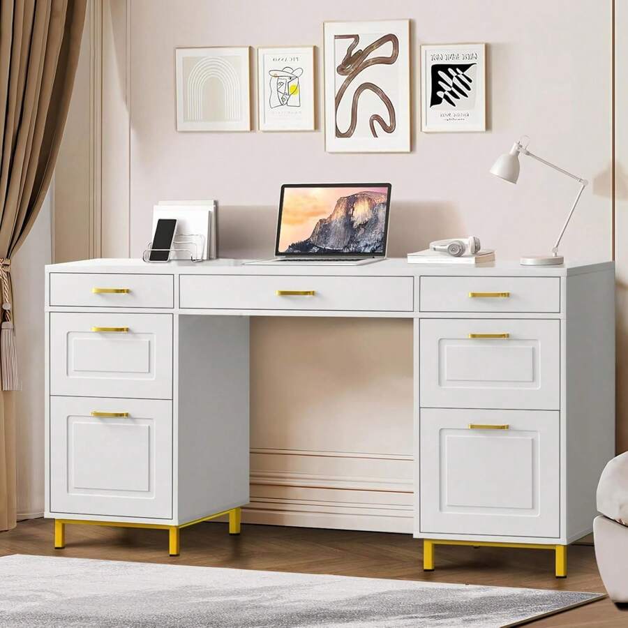 54" Computer Desk With 7 Drawers, White Executive Desk With File ...