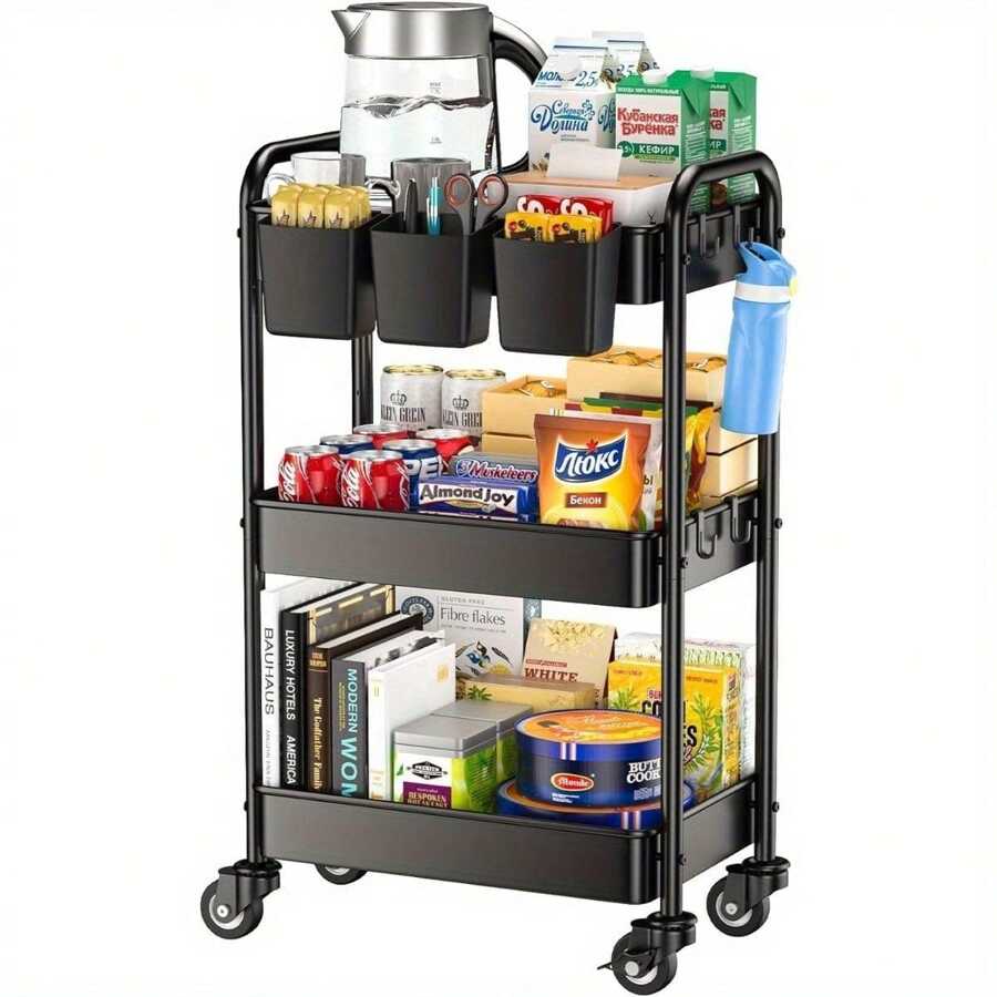 3 Tier Rolling Cart - Metal Utility Cart With 3 Hanging Cups & 4 Hooks ...