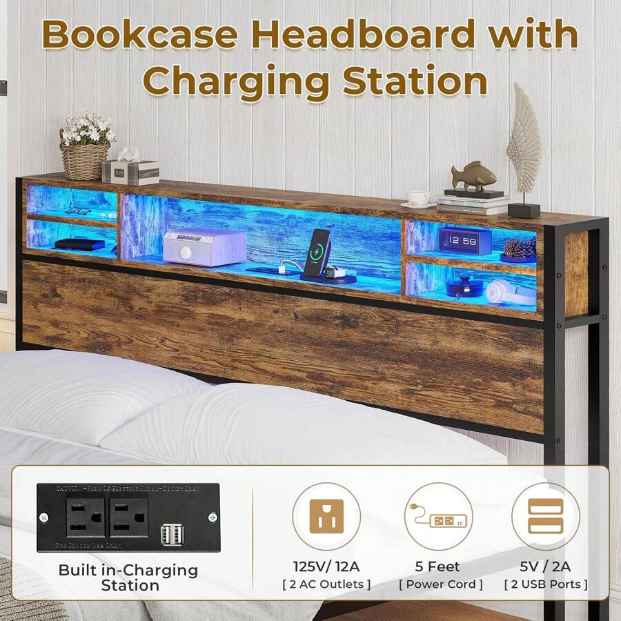 King Size LED Bed Frame, Metal Platform Bed With Outlets And USB Ports ...