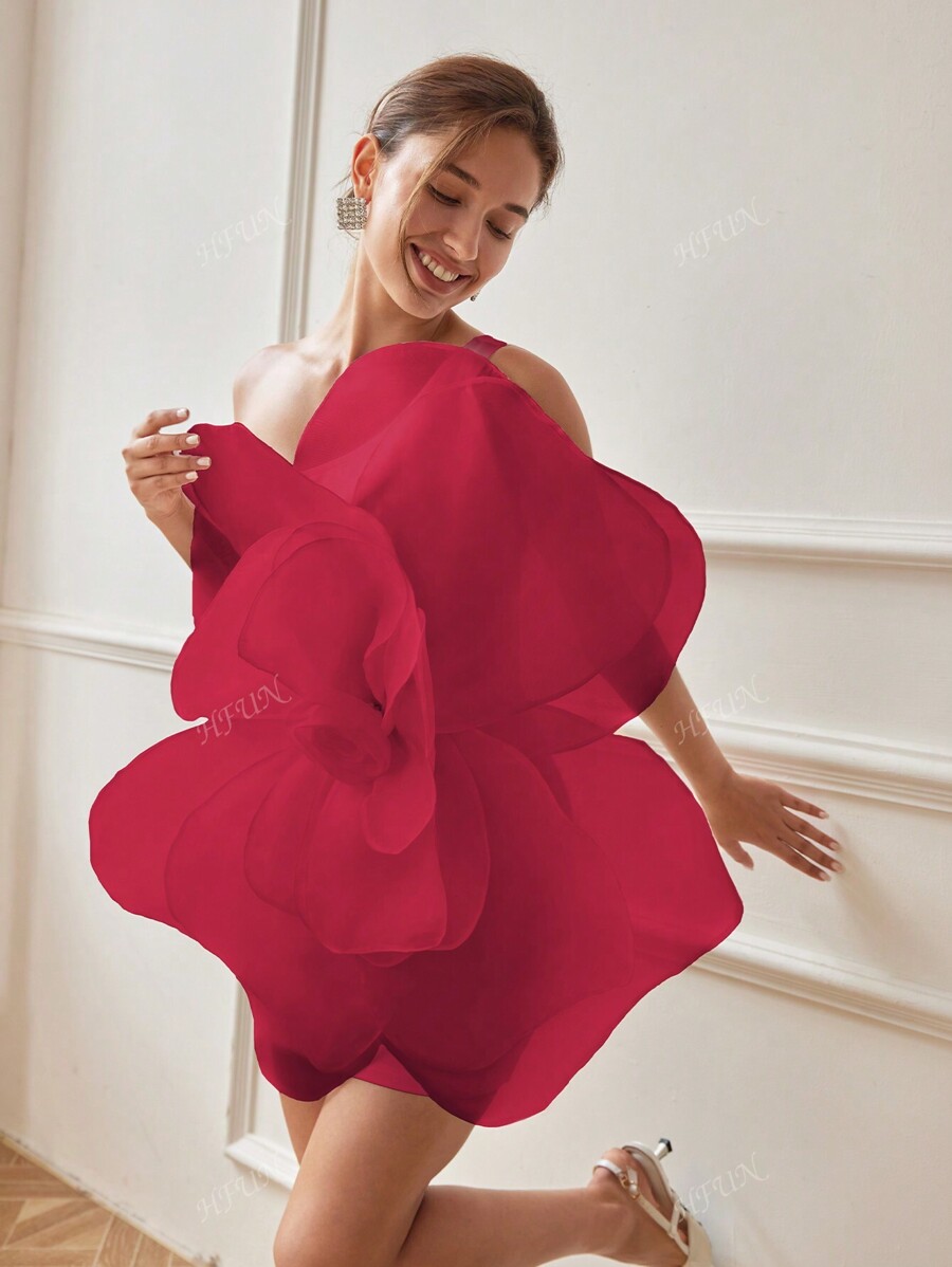 Women's Voluminous Rose Formal Dress, Avant-Garde Evening Gown For ...