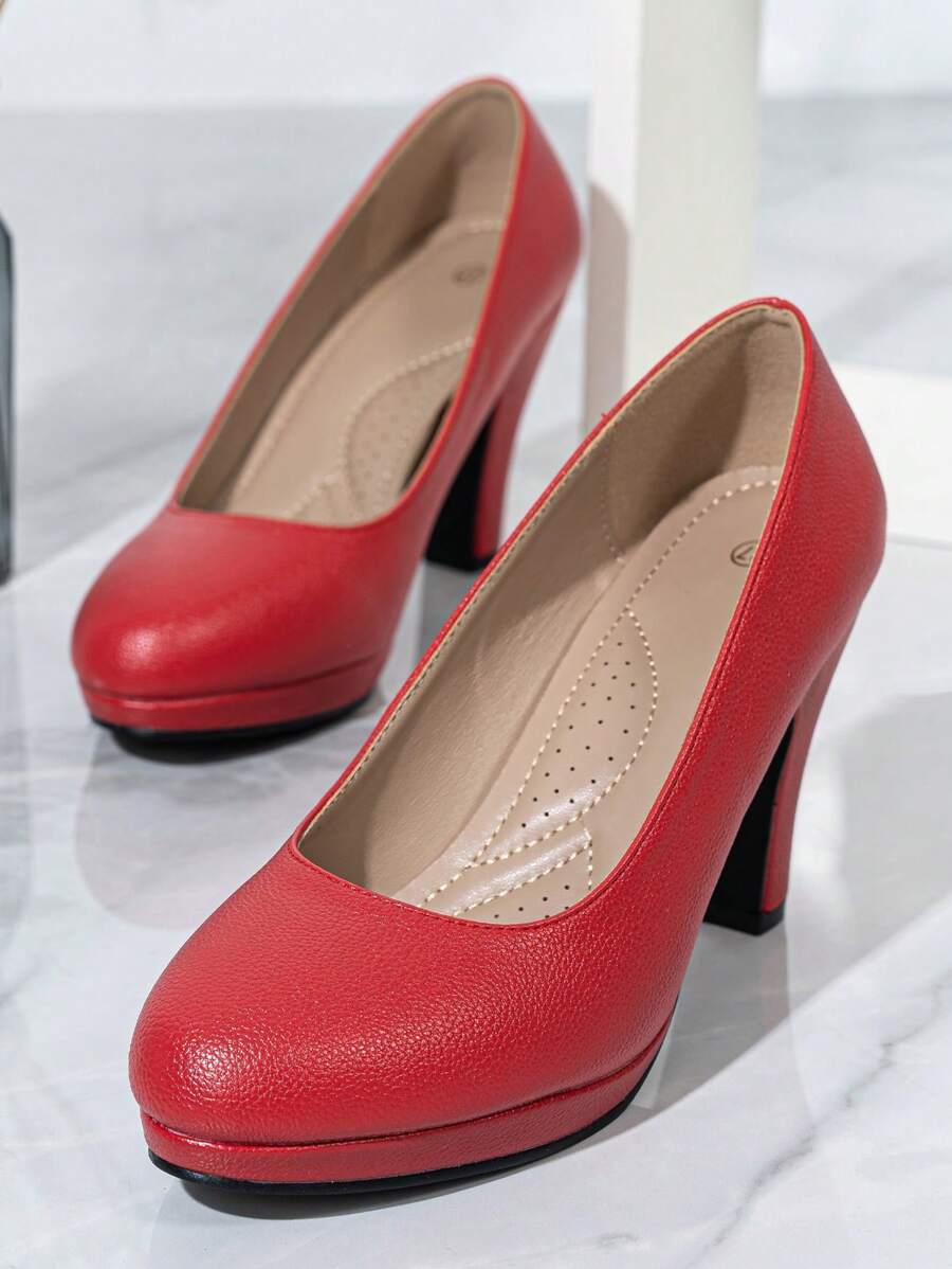 Women's Red Low Vamp High Heels, Waterproof Platform Slip-On Office ...