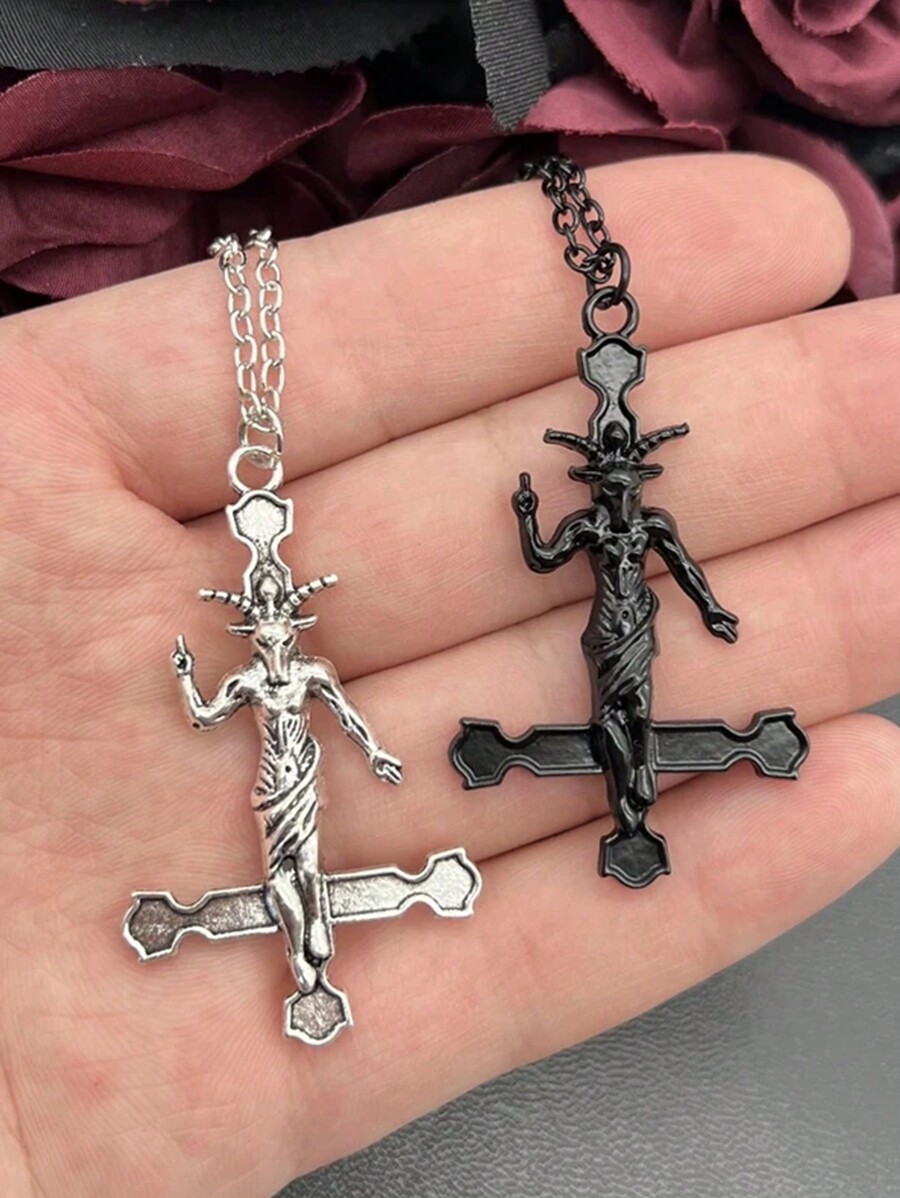 Goth Satanic Baphomet Inverted Cross Pendant Necklace Upside Down Cross ...
