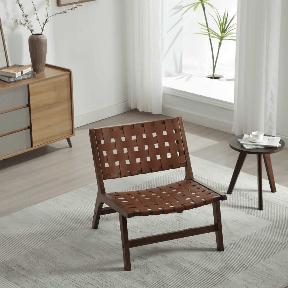 Saddle Leather Woven Leisure Chair, Solid Wood Legs, Suitable For ...