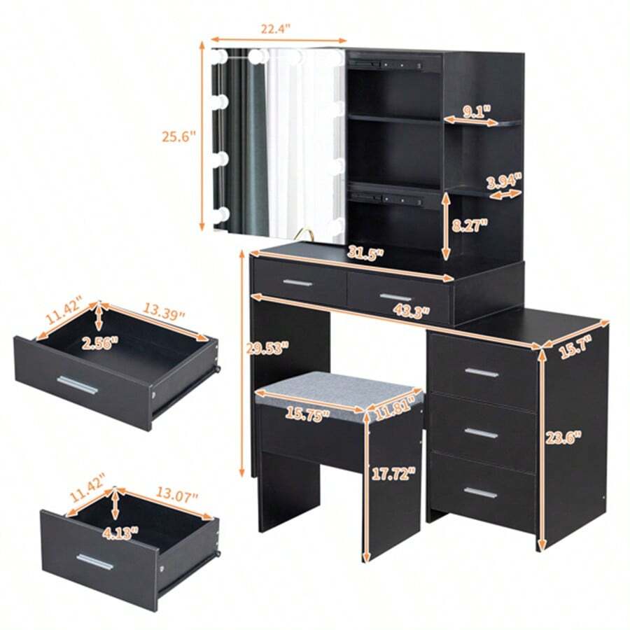 Black Dressing Table Set, Bedroom Dressing Table 5 Drawers Sliding Door ...