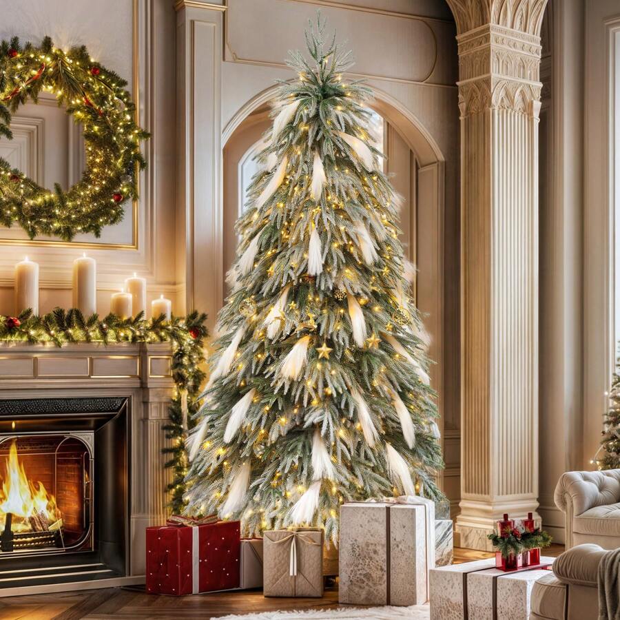 6ft Pre-Lit Flocked Natural Drooping Pampas Christmas Tree With 30 ...
