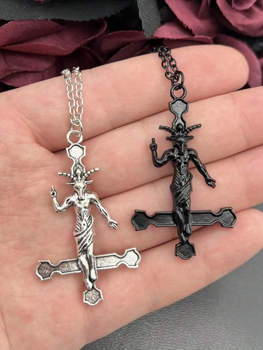 Goth Satanic Baphomet Inverted Cross Pendant Necklace Upside Down Cross ...