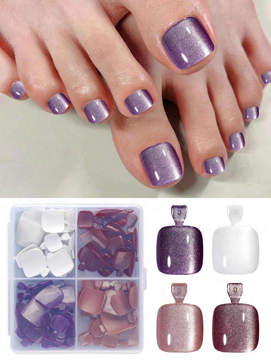 120Pcs Crystal Cat Eye Toenails Luxury Short Square Press On Nails Toe ...