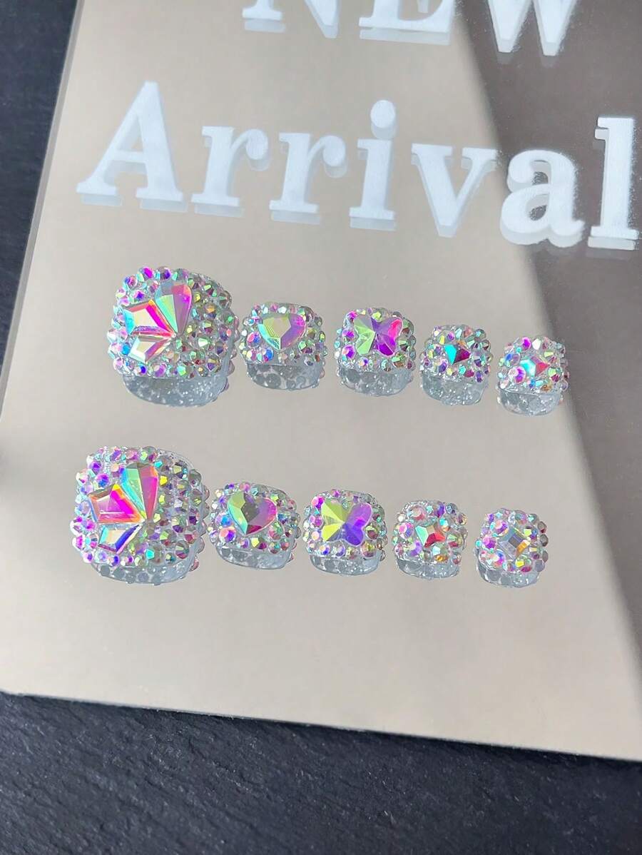 1 Set 10 Pcs Of Sparkling Square Shaped Press On Toenails Embellished ...