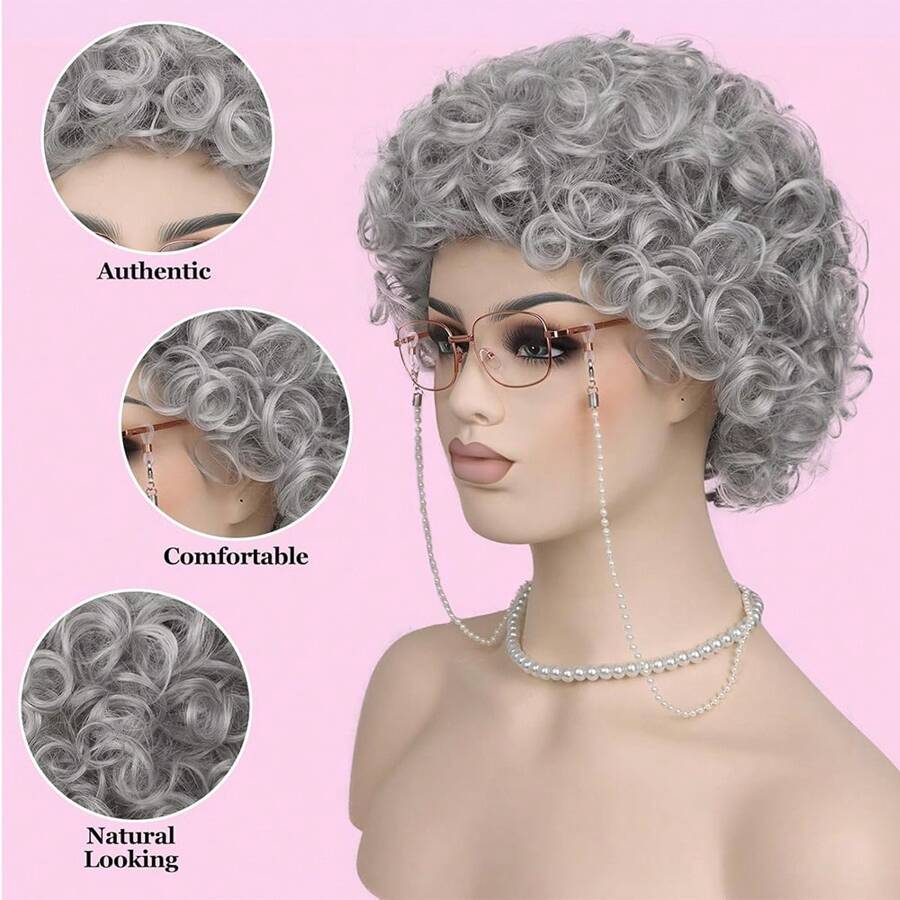 Old Lady Costume Wig For 100 Days Of School Short Grey Curly Grandma ...