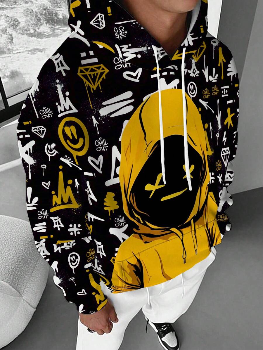Men's Letter & Hacker Figure Printed Hooded Sweatshirt | SHEIN USA