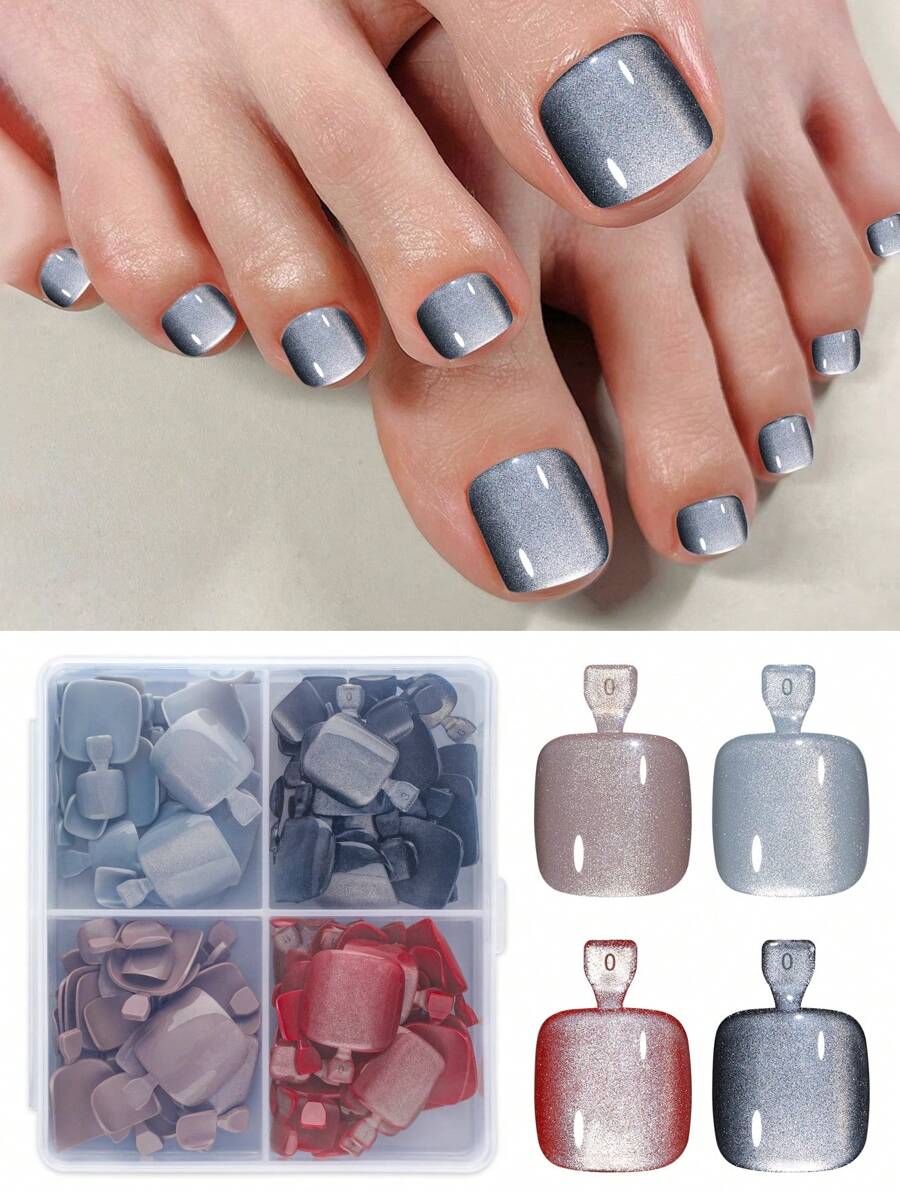 120Pcs Crystal Cat Eye Toenails Luxury Short Square Press On Nails Toe ...