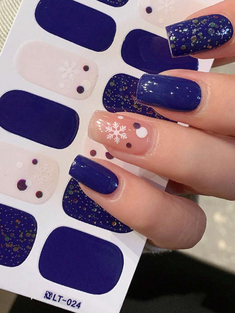 1 Piece/Set Of Navy Blue Snowflake Pattern Nail Stickers, Fully Covered ...