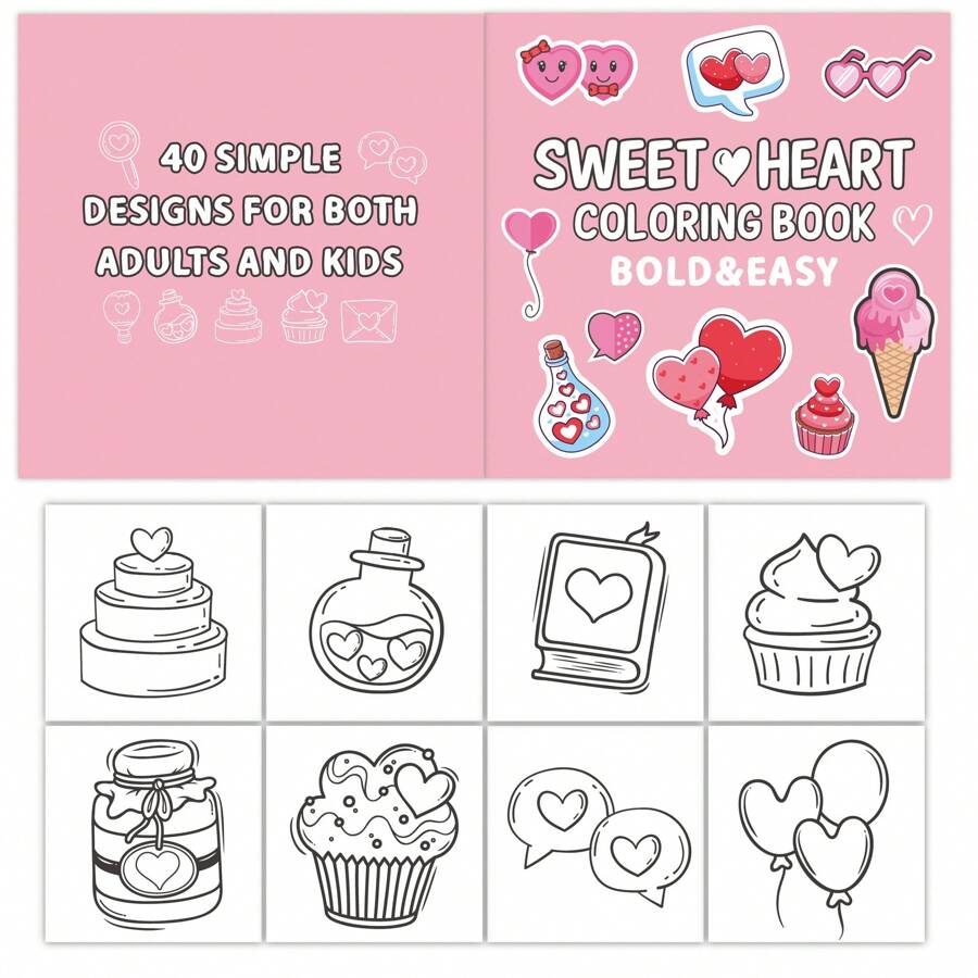 40 Sheets Sweet Heart Coloring Book, Cake, Hearts, Cartoon Romance ...