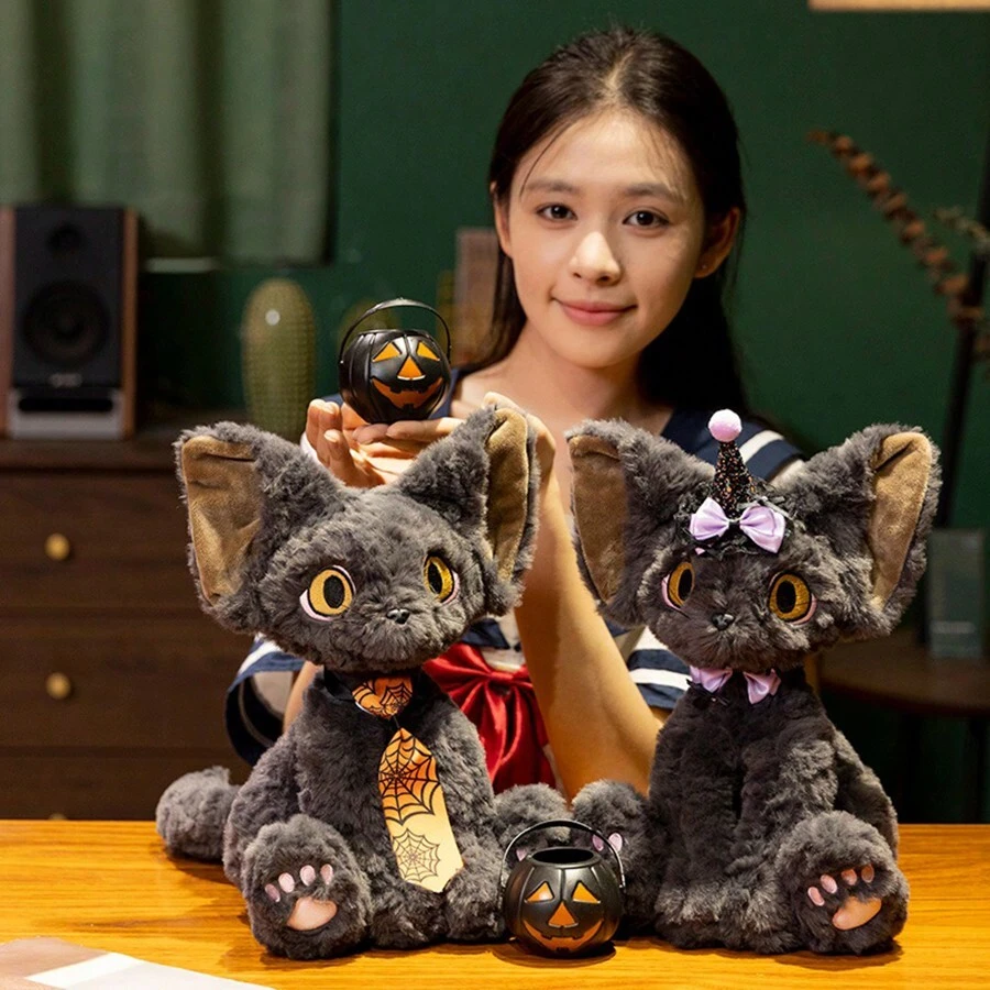 1pc Halloween Devonshire Cat Plush Doll, Black Sitting Kitten Doll ...