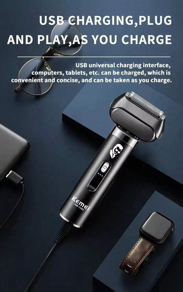 Kemei Cordless Safety Razor 4-Blade Professional IPX7 Beard Trimmer ...