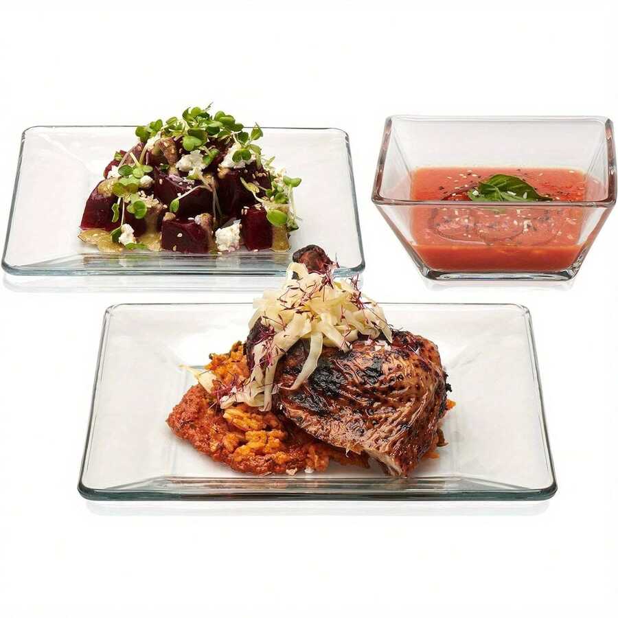 Glass Dinnerware Set, Sleek Square Clear Glass Plates And Bowls Set Of ...