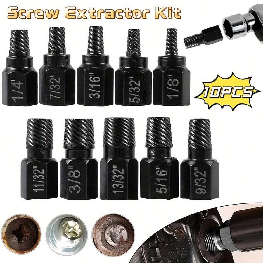 10-Piece Broken Screw Extractor Set - Hexagonal Carbide Drill Bits For ...