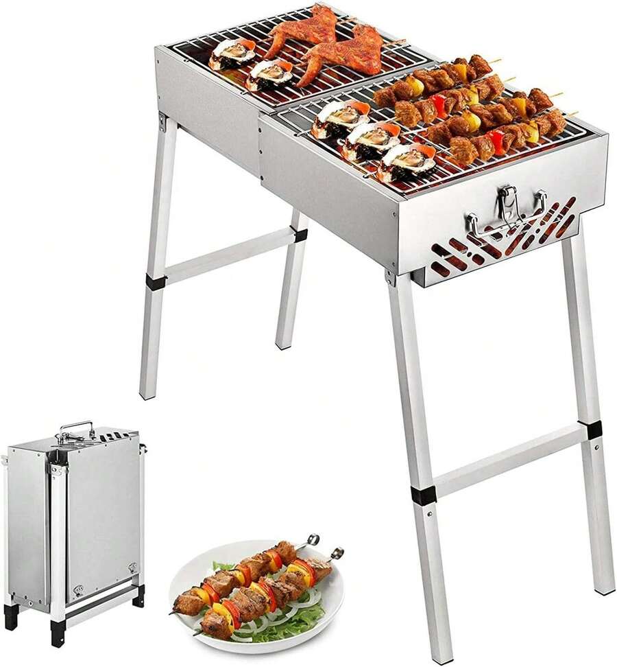 Portable Charcoal Grill Barbecue, Foldable Stainless Steel BBQ Grill ...