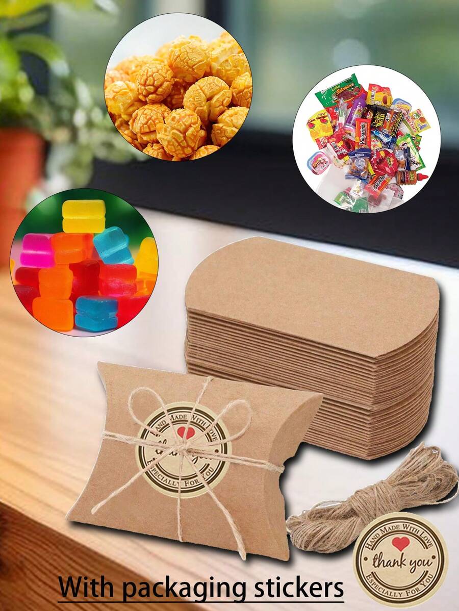 A Set Of 50 Pillow Shaped Packaging Boxes With Rope And Labels, Kraft ...
