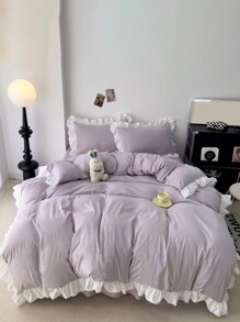 3pcs Soft Comfortable Purple Ruffled Bedding Set, Suitable For Bedroom ...