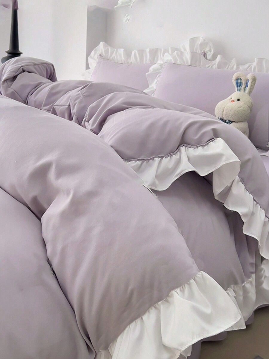 3pcs Soft Comfortable Purple Ruffled Bedding Set, Suitable For Bedroom ...