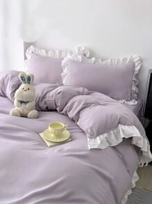 3pcs Soft Comfortable Purple Ruffled Bedding Set, Suitable For Bedroom ...