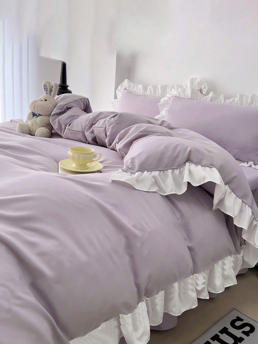 3pcs Soft Comfortable Purple Ruffled Bedding Set, Suitable For Bedroom ...