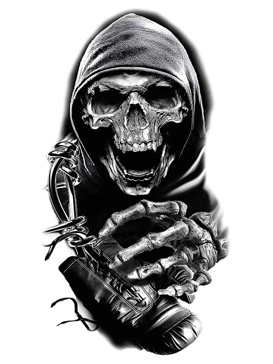 1 Sheet Black Halloween Skull Skeleton Temporary Tattoos For Women Men ...