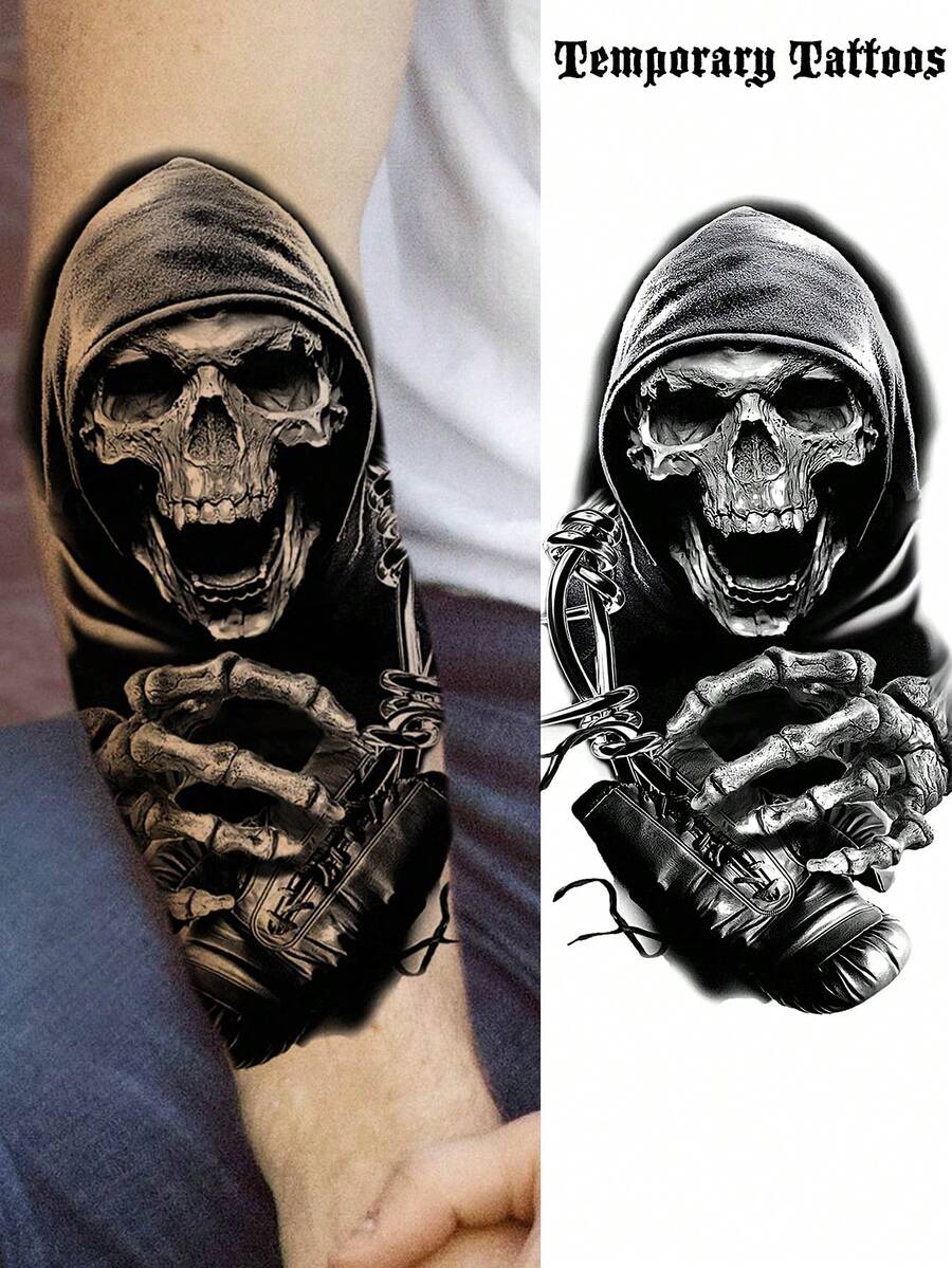 1 Sheet Black Halloween Skull Skeleton Temporary Tattoos For Women Men ...