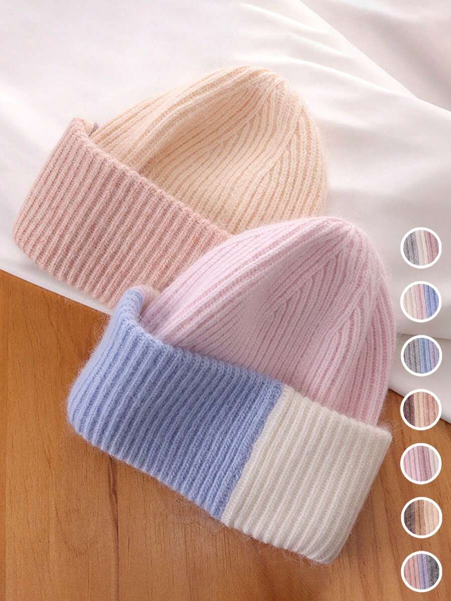 FADZOYLE 1pc Color Knit Beanie Hats Two-Tone Rabbit Hair Woman Winter ...