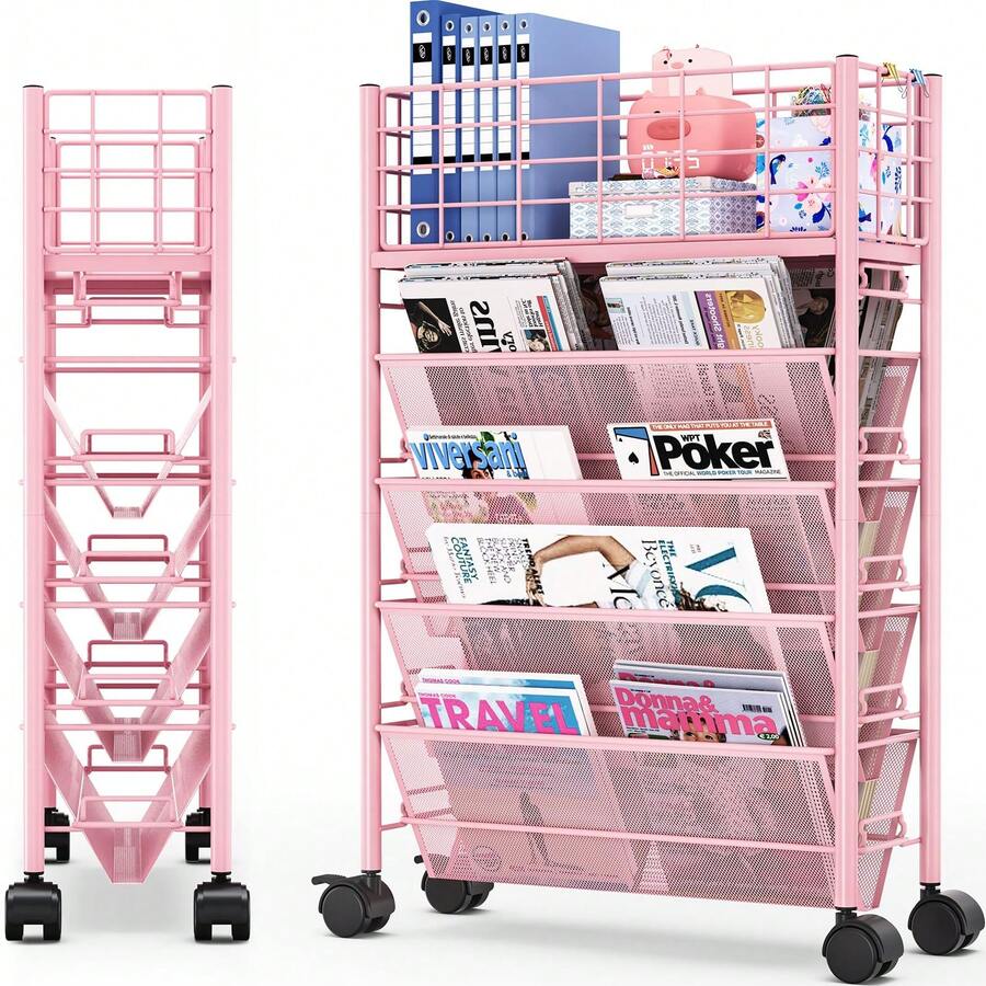 TOOLF TOOLF Metal Rolling Bookshelf Cart, 5 Tier Mobile Book Shelf With ...