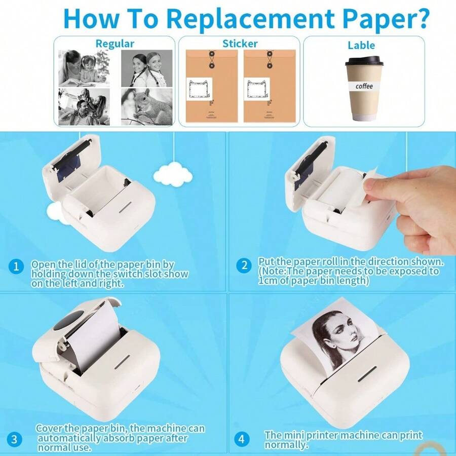 Imprimante portable mini, imprimante d'autocollants sans encre avec 10 ...